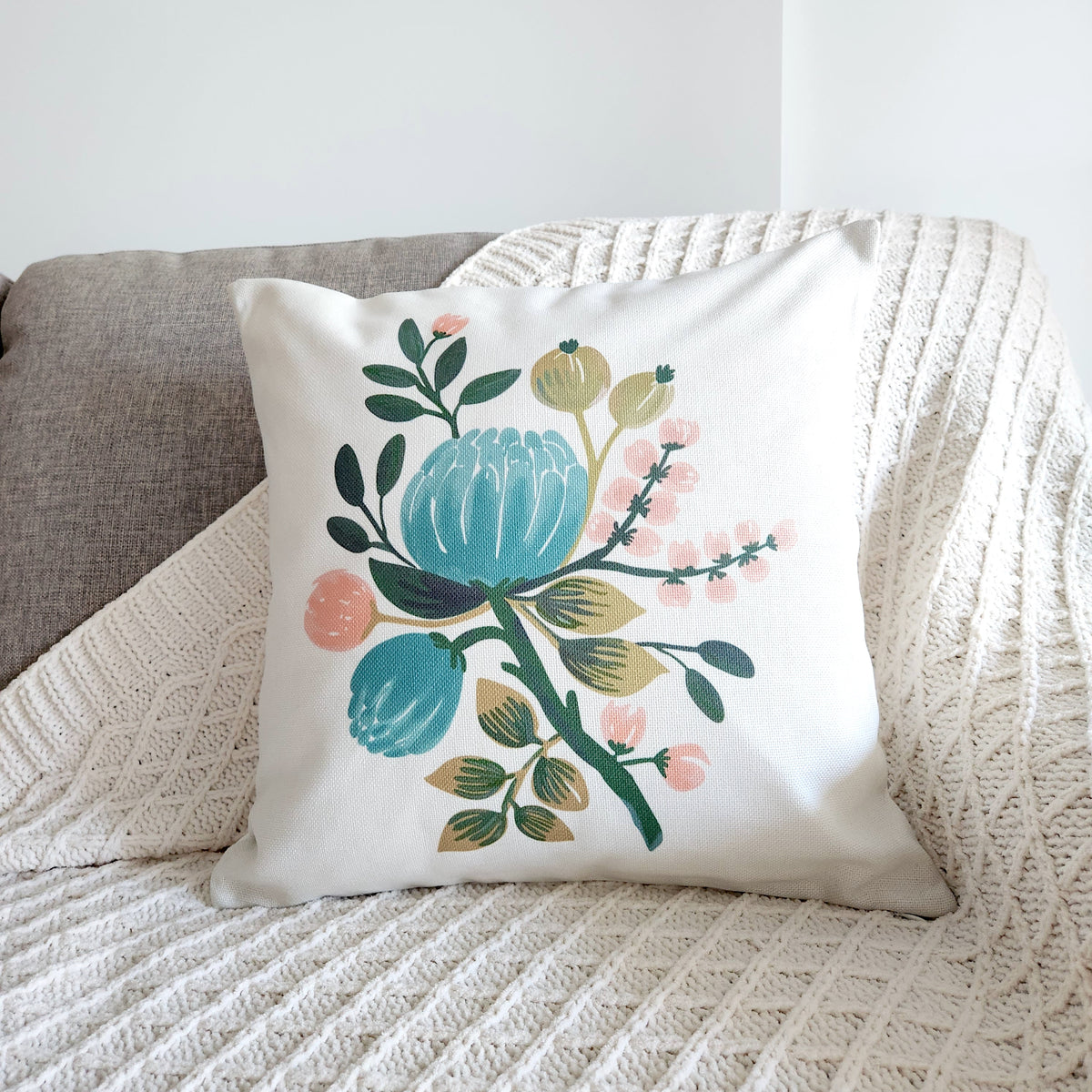 Teal Blue Flower Cushion Cover, Floral Decorative Throw Pillow Case ...
